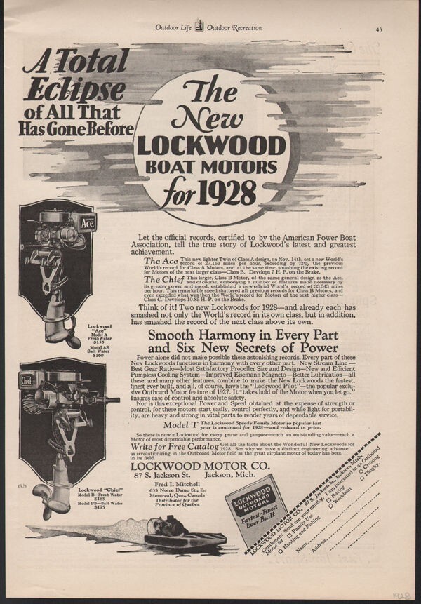1928 LOCKWOOD MOTOR ENGINE BOAT NAUTICAL ACE CHIEF RACE SPEED HYDRO ...