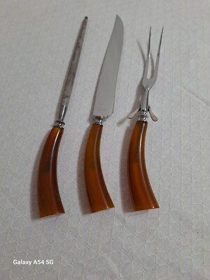 Vintage Universal Celluloid Carving Set Knife Fork W/ Stand Sharpener ...