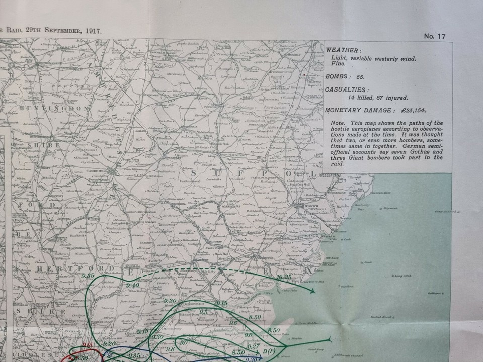 1935 WW1 MAP AEROPLANE RAID 29th SEPT 1917 LONDON BOMBS CASUALTIES ...