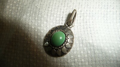 #911 vtg costume Pendant / CHARM Tiny Silver w Green colored Stone 3/4 ...