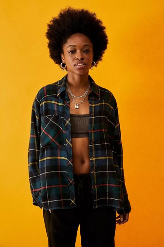 BDG Women's Rayne Patchwork Flannel Shirt in Navy Plaid Size SMALL | eBay