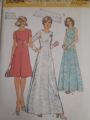 70s Simplicity 6094 Women's Dresses Sewing Pattern Miss Petite 8mp ...