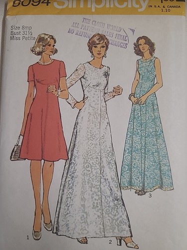 70s Simplicity 6094 Women's Dresses Sewing Pattern Miss Petite 8mp ...