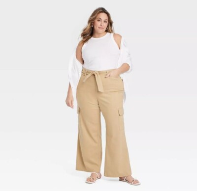Ava & Viv Womens Plus High Rise Regular Fit Wide-Leg Cargo Pants, Tan ...