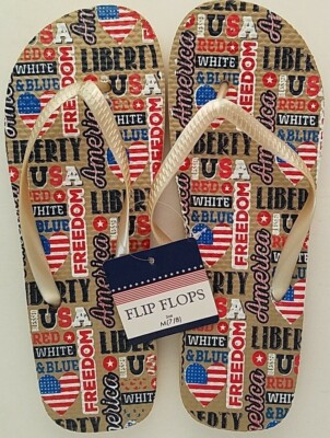 Patriotic Wordings Red White Blue 4th July Rubber Flip Flops. Size (5/6 ...
