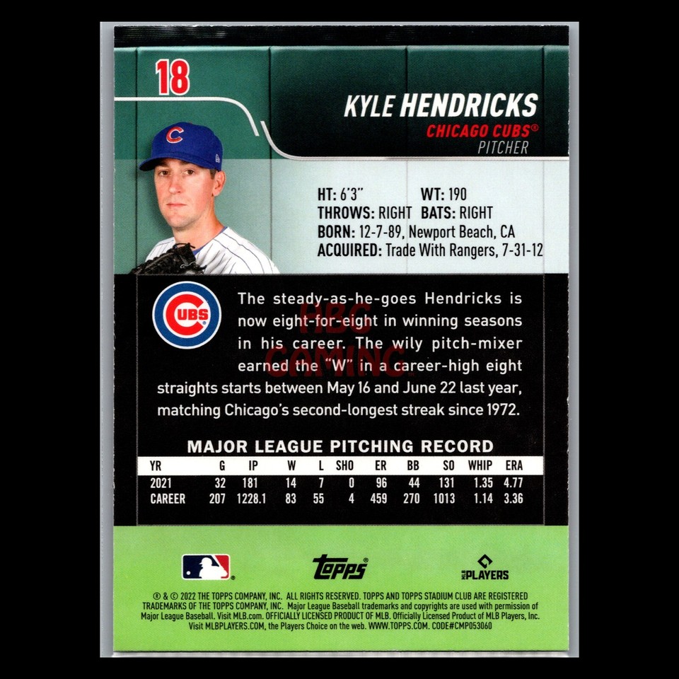 Kyle Hendricks 2022 Topps Stadium Club Chicago Cubs #18 Baseball Card ...