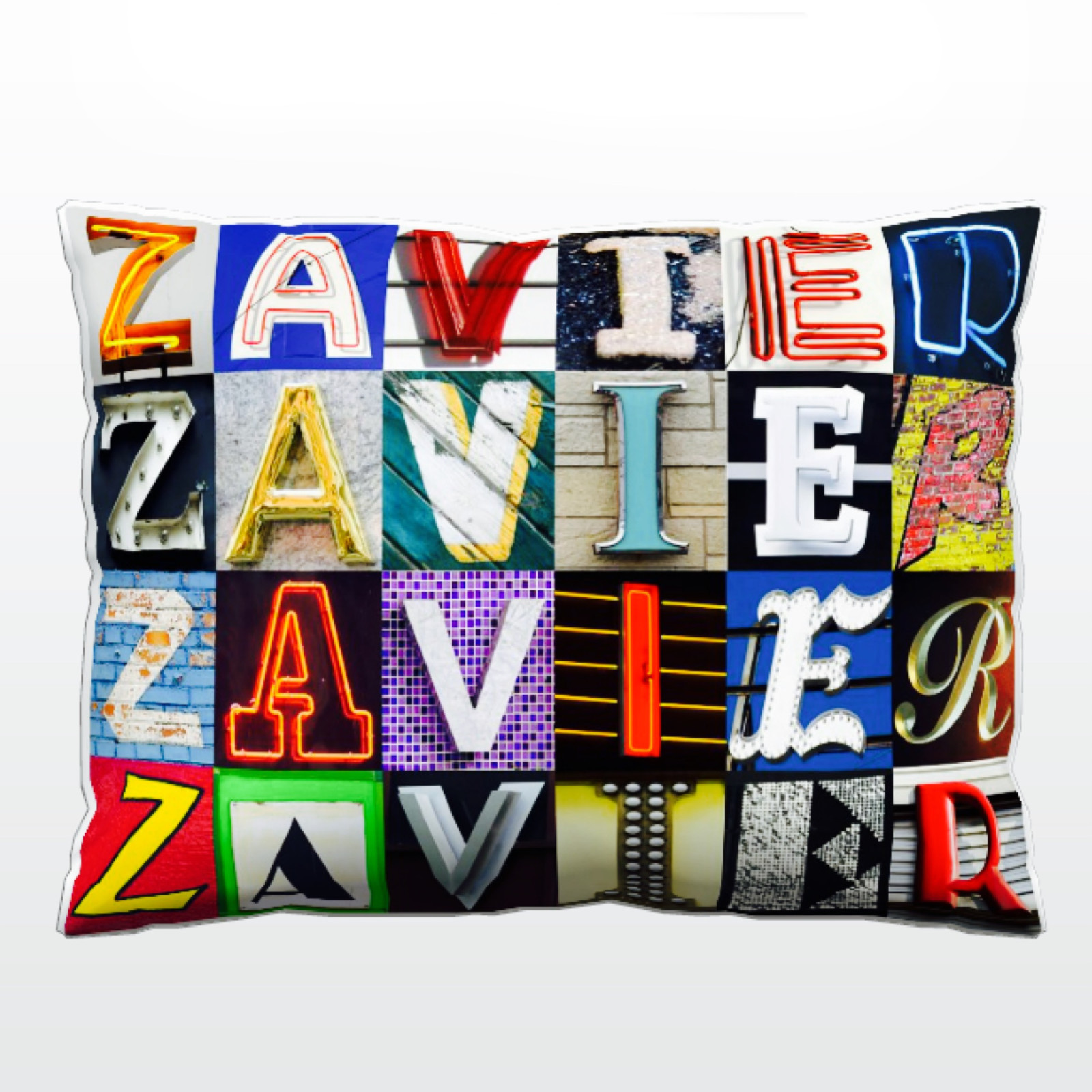 Personalized Pillow featuring the name ZAVIER in photos of actual sign ...