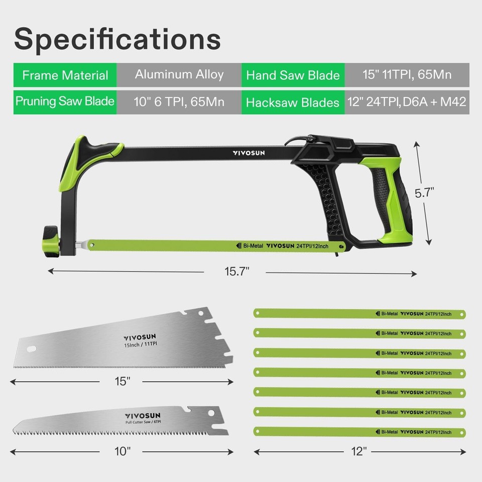 3-in-1 Hacksaw Set 15” Hand Saw Blade & 10” Pruning Saw Blade & 12 ...