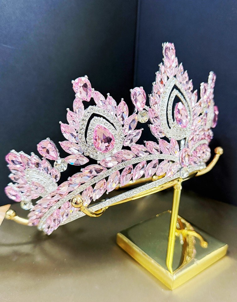 Quinceanera Crown, Pink Rhinestone Crown, Large Size Crown, Silver ...
