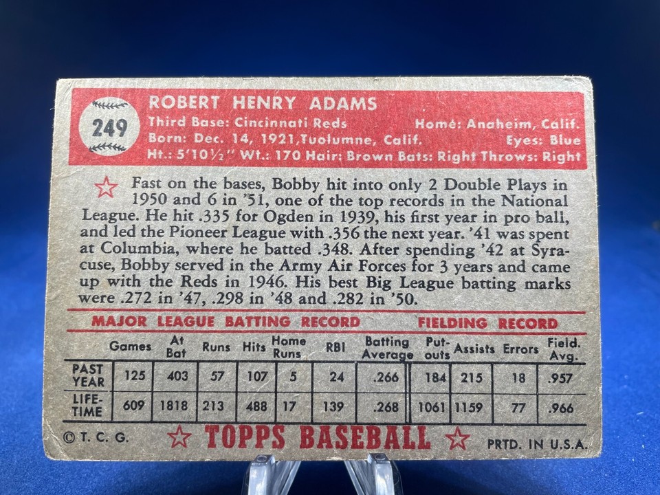 1952 Topps Baseball Low Grade Card Bobby Adams #249 Cincinnati Reds | eBay