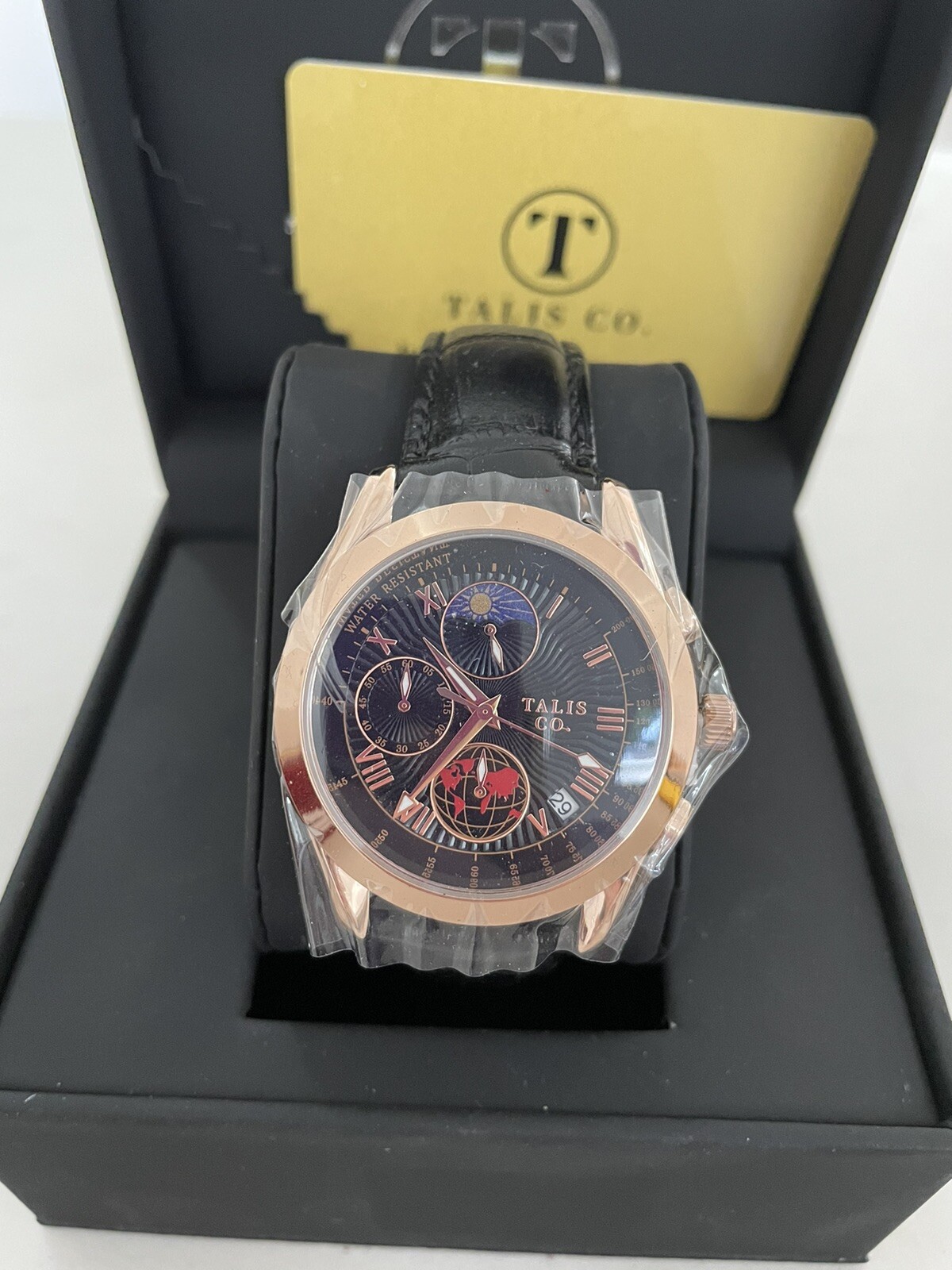 Talis Co 7120 Chronograph Watch Moon Phase Movement Black Leather Strap ...