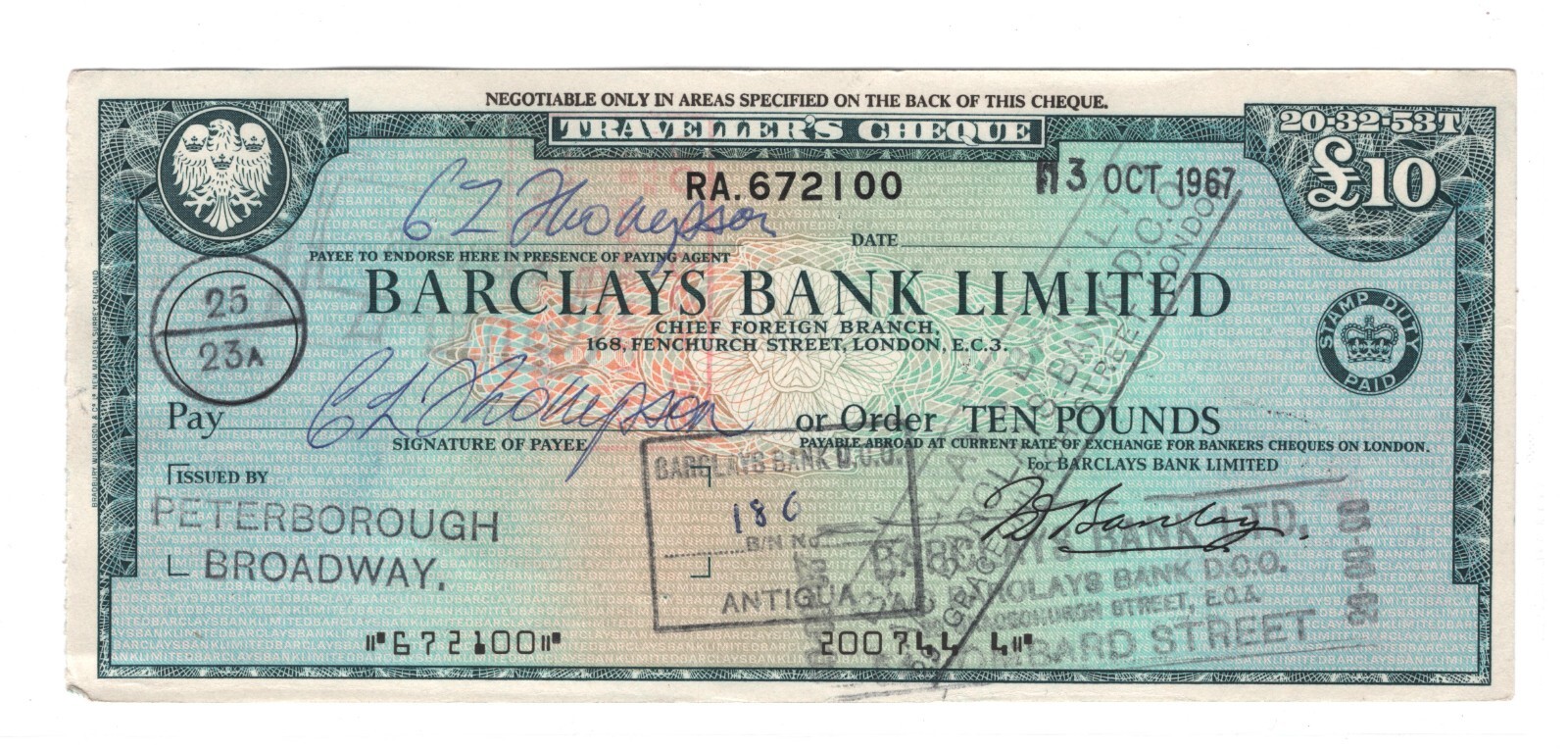 GB TRAVELLER'S CHEQUE £10 Barclays Bank ANTIGUA 4c Postage Stamp 1967 ...