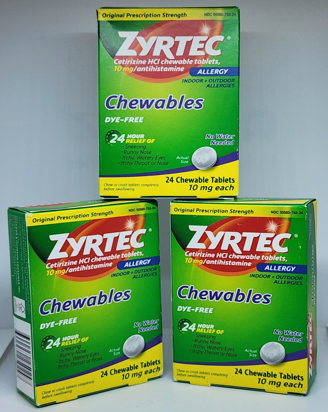 3 Pack ZYRTEC 24 Chewable Tablets Allergy Dye-Free 10mg Exp. 04/2024 ...