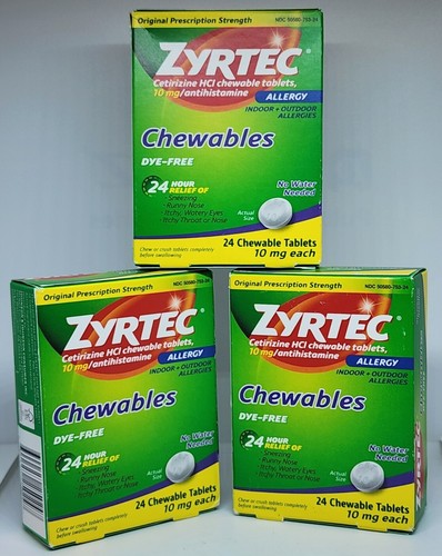 3 Pack ZYRTEC 24 Chewable Tablets Allergy Dye-Free 10mg Exp. 04/2024 ...