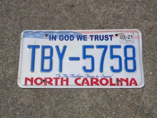 February 2021 North Carolina License Plate In God We Trust TBY 5758 NC ...