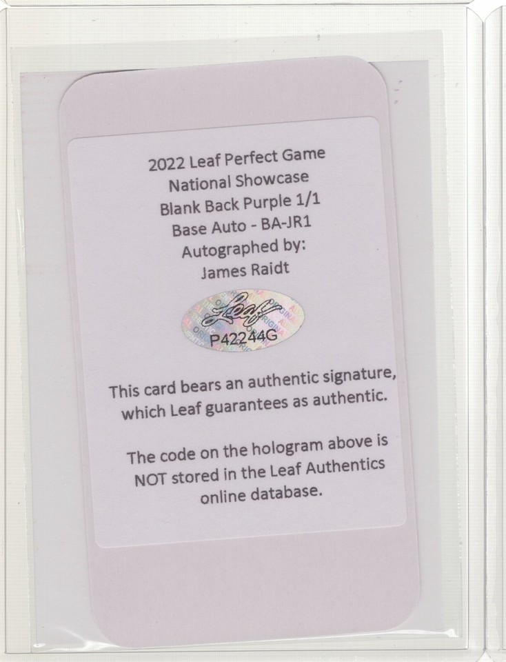 2022 Leaf Perfect Game - JAMES RAIDT - BLANK BACK PURPLE Auto 1/1 | eBay