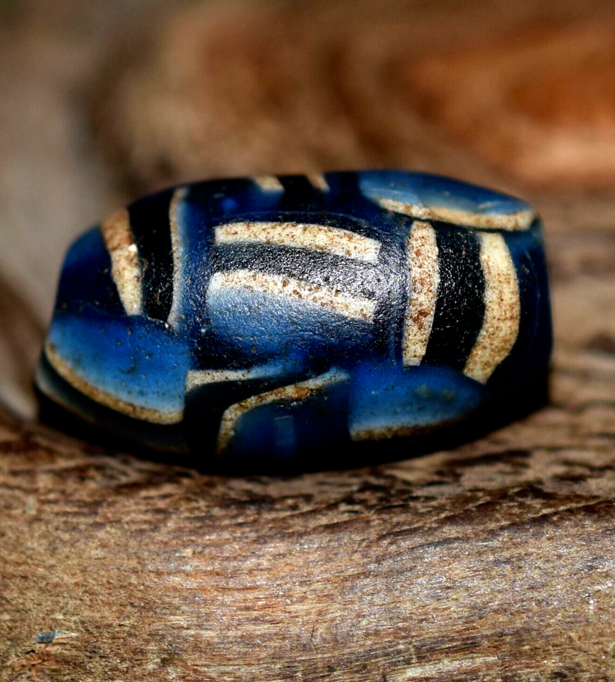 Ancient Islamic Excavated Blue & White Glass Ribbon Bead Mali, African ...