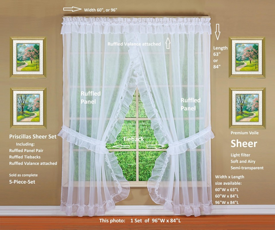 , Emelia Priscilla Sheer Pair 96" W x 84" L, White, 5-Piece-Set ...