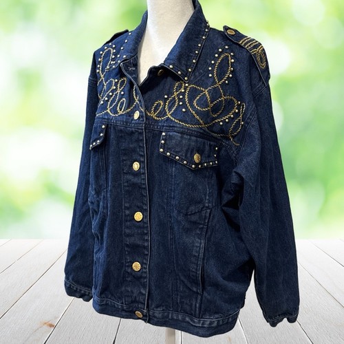 Vintage Denim Jean Jacket 8 Oversize Gold Embroidered Rope Studs ...