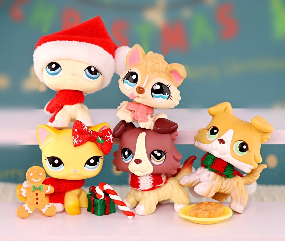 lps 5Pcs Mini Pet Shop lps Collie Dog and Cat Figure with Xmas ...