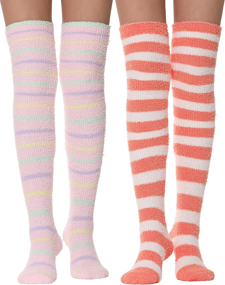 Girls Womens over Knee High Fuzzy Socks Stockings Fluffy Soft Warm Cute ...