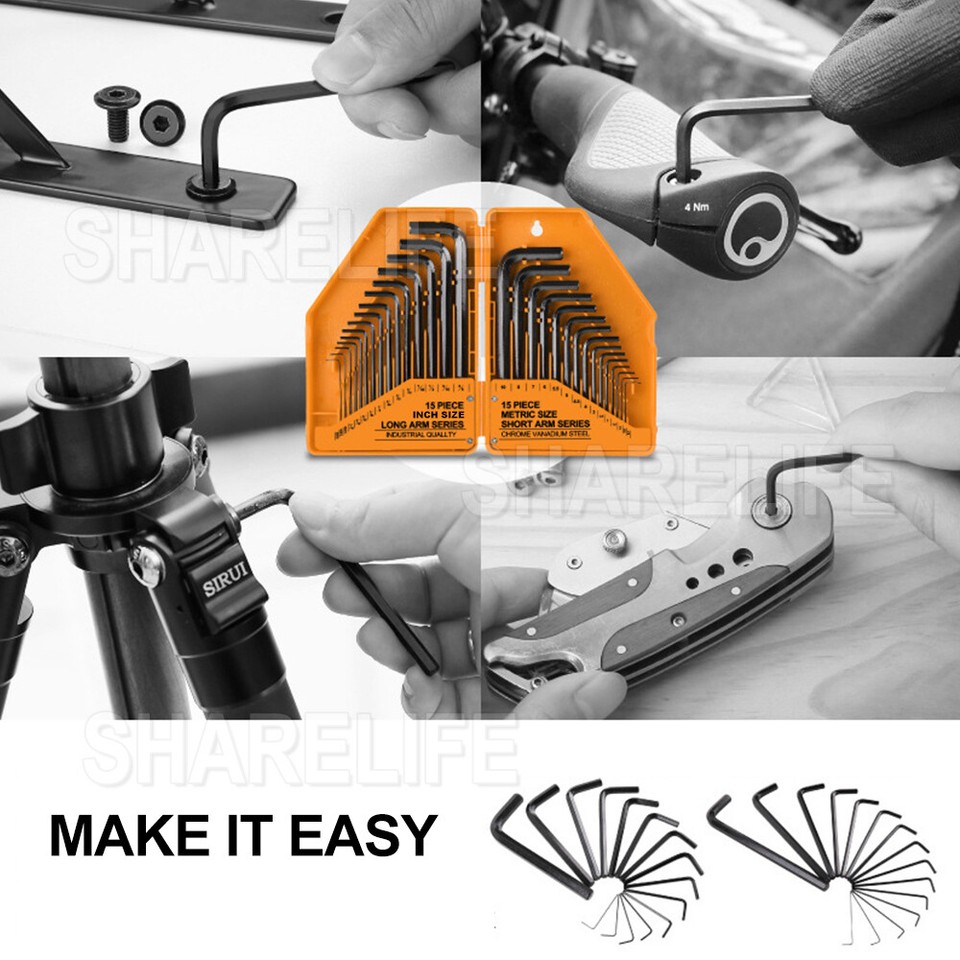 31Pc Allen Key Set Metric & Imperial Combination Hex Wrench Keys With T ...