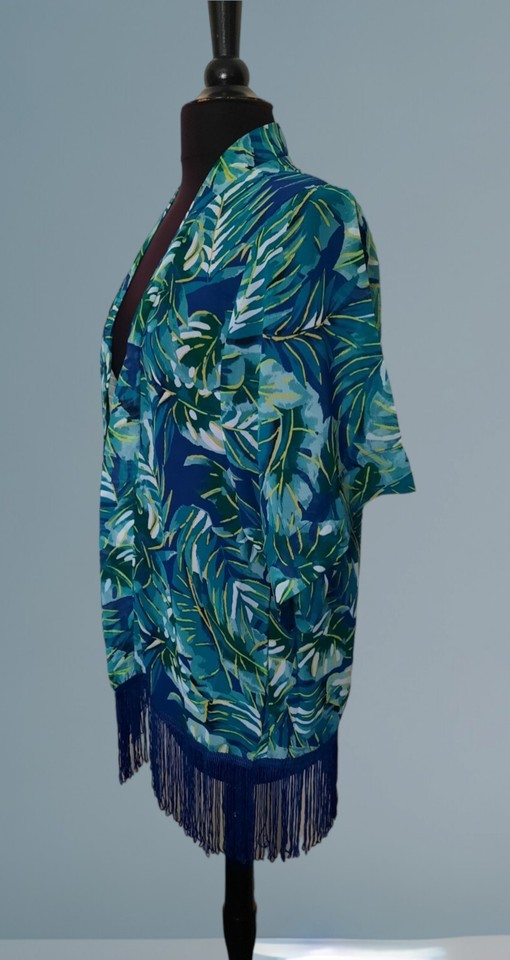 BNWT Blue Green Palm Print Floaty Chiffon Fringed Open Kimono Top Size ...