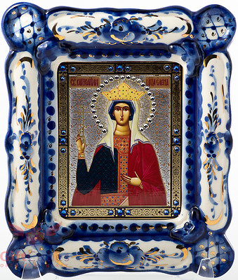 Russian Porcelain Wooden Gzhel gold Christian Icon Saint Elena Helen ...