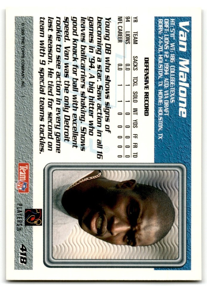 1995 Topps Van Malone Detroit Lions #418 | eBay