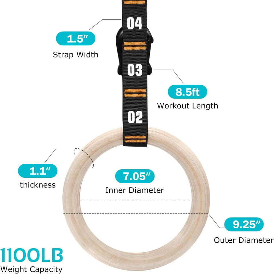 Wooden Gymnastic Rings with Adjustable Numbered Straps. 1.1'' Olympic ...