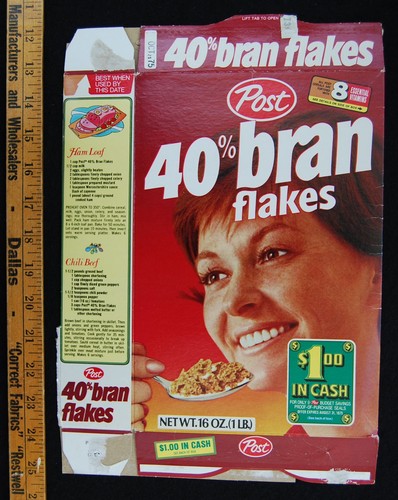 [ 1975 Post 40% Bran Flakes - Vintage Cereal Box - George Washington ...