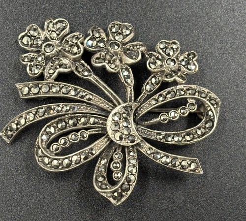 Vintage 835 Silver Marcasite Floral & Bow Brooch Marked | eBay