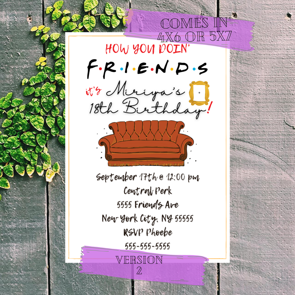 Friends Birthday party digital invitation print at home JPG Friends tv ...