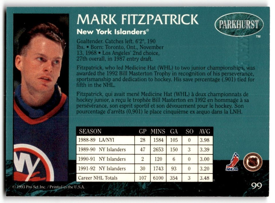 1992-93 Parkhurst Emerald Ice Mark Fitzpatrick #99 New York Islanders ...