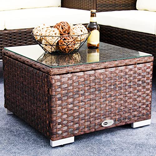 Dimar Garden Outdoor Coffee Table Wicker Patio Furniture Set Lawn Garden Tea Table Rattan Patio Side Tables with Glass Top 19.7IN Mix Brown