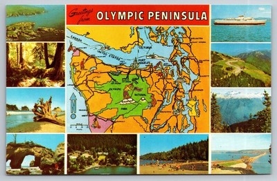 Olympic Peninsula Multi View Map Washington State 1965 Vintage Postcard ...