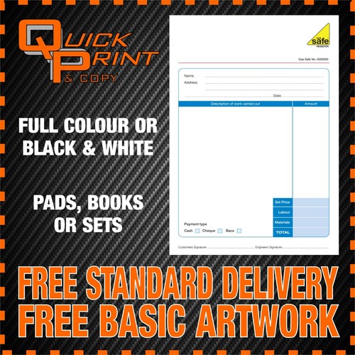 5 x A4 GAS ENGINEER INVOICE - 2 PART NCR PADS - PERSONALISED IN BLACK ...