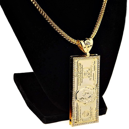 100 Dollar Bill Pendant Franco Chain Iced Simulated CZ Gold Plated ...