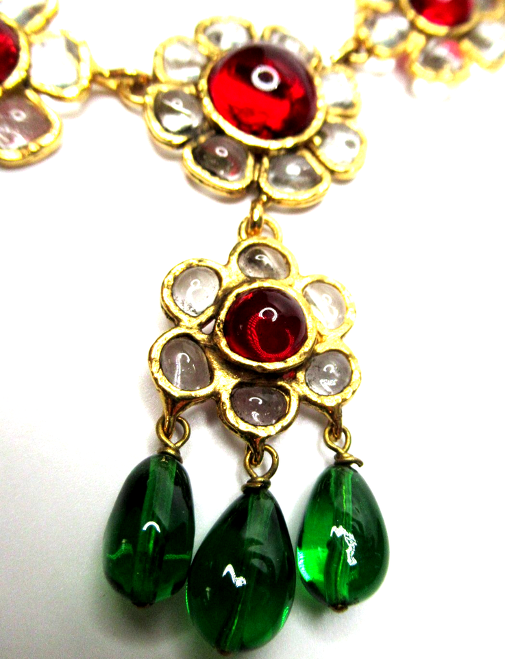 French Gripoix Poured Glass Pâte de Verre Red Green Flower Vintage ...