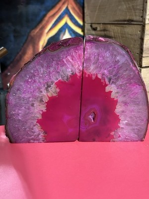 🌸 Dyed Pink Agate Geode Bookends – Natural Crystal Decor – Calming ...
