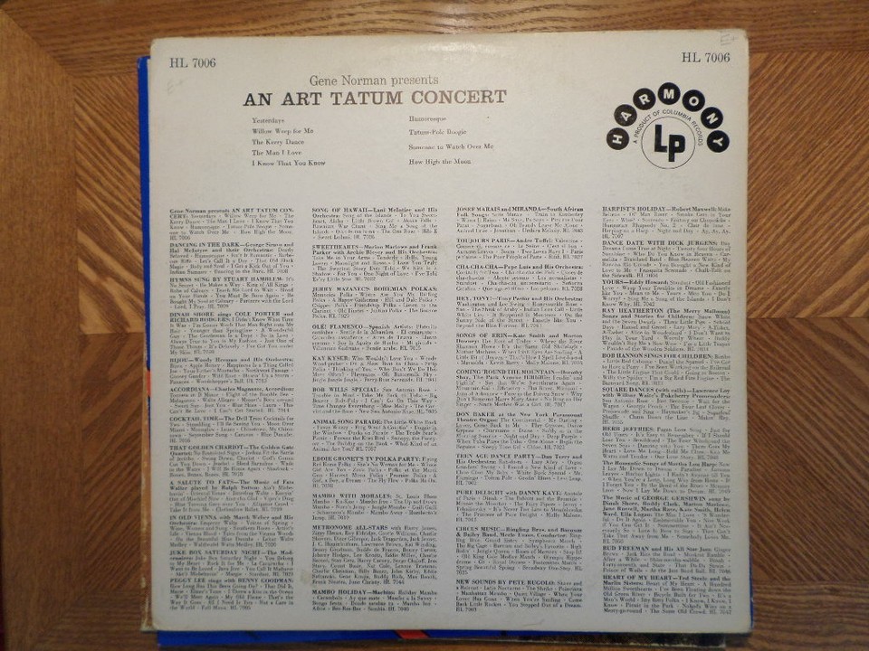 HARMONY LP RECORD/ART TATUM/ GENE NORMAN PRESENTS ART TATUM IN CONCERT ...