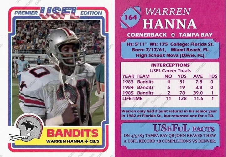 Warren Hanna 1984 USFL Custom Card Tampa Bay Bandits | eBay