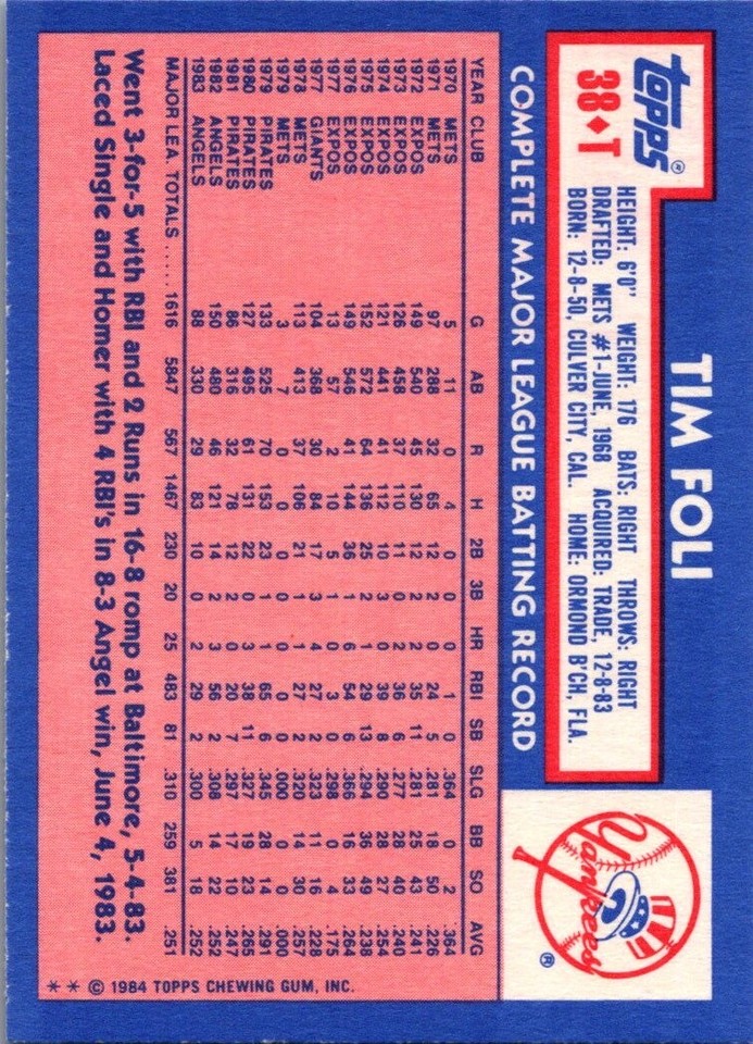 1984 Topps Traded #38T Tim Foli New York Yankees | eBay
