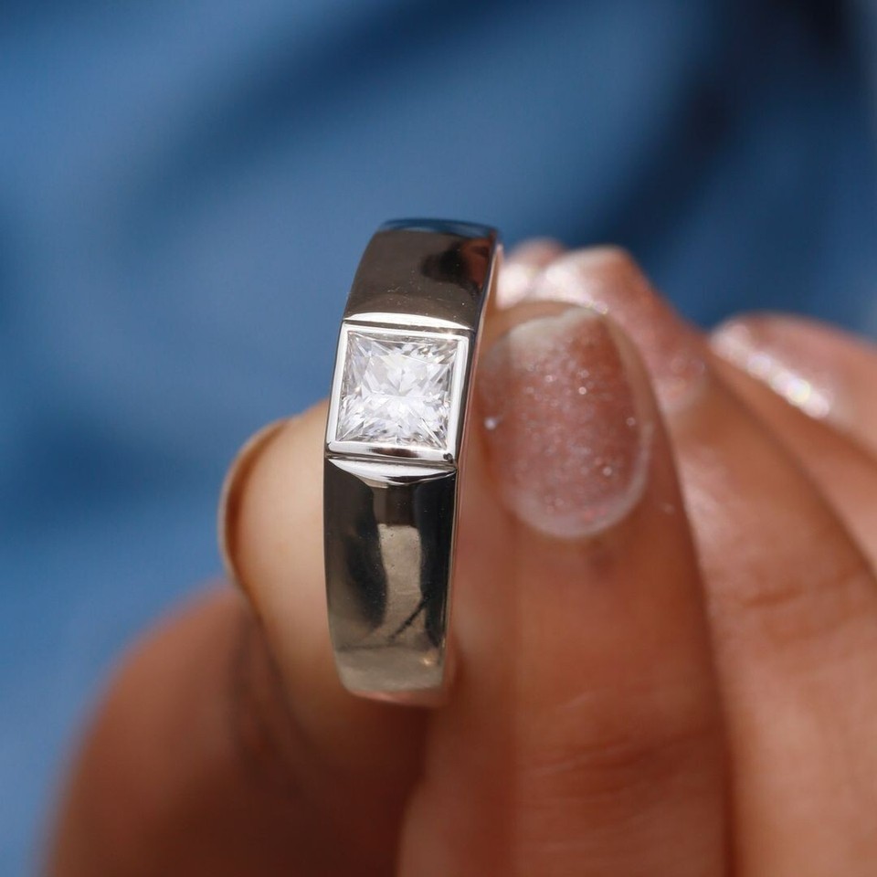 Square Princess Diamond Bezel Set Wedding Proposal Ring For Men Silver ...