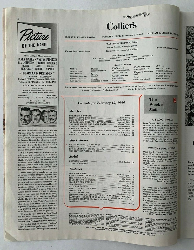 Vintage February 12, 1949 Newsstand COLLIER'S Magazine - DARKNESS IS ...