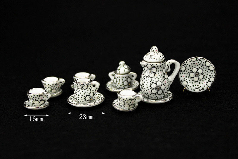 Dollhouse Miniature Porcelain Dinnerware Coffee tea pot cups dish set ...