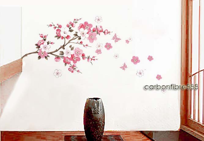 Large Peach Blossom Flower Butterfly Wall Stickers Art Decal Home Room ...