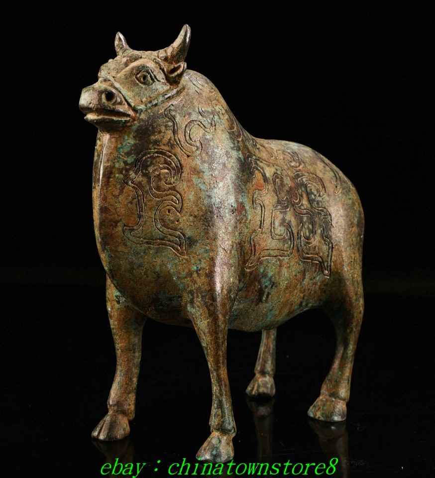 6" Dynasty Bronze Ware Fengshui Totem Pattern Cattle Cow ox Bull Animal ...