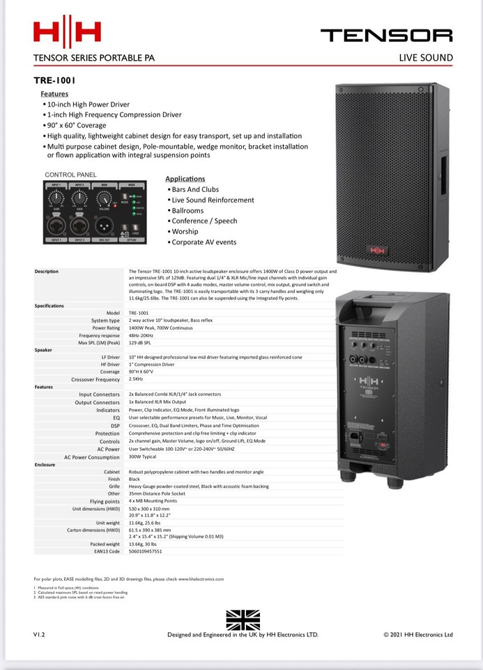 HH Electronic - Pair Of Tensor TRE-1001 Active Speakers 1400 watts each - Unused | eBay