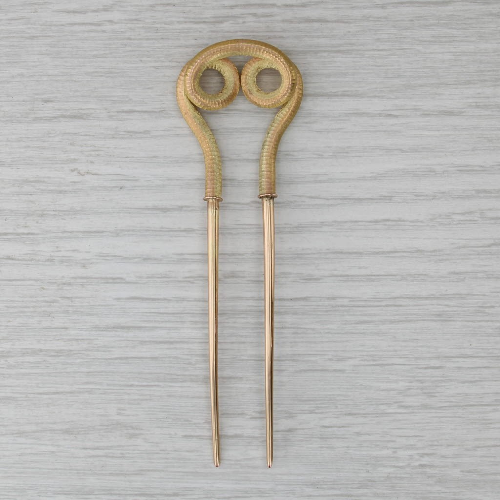 Antique Coiled Snake Hair Pin 14k Yellow Gold 2-Prong… - Gem